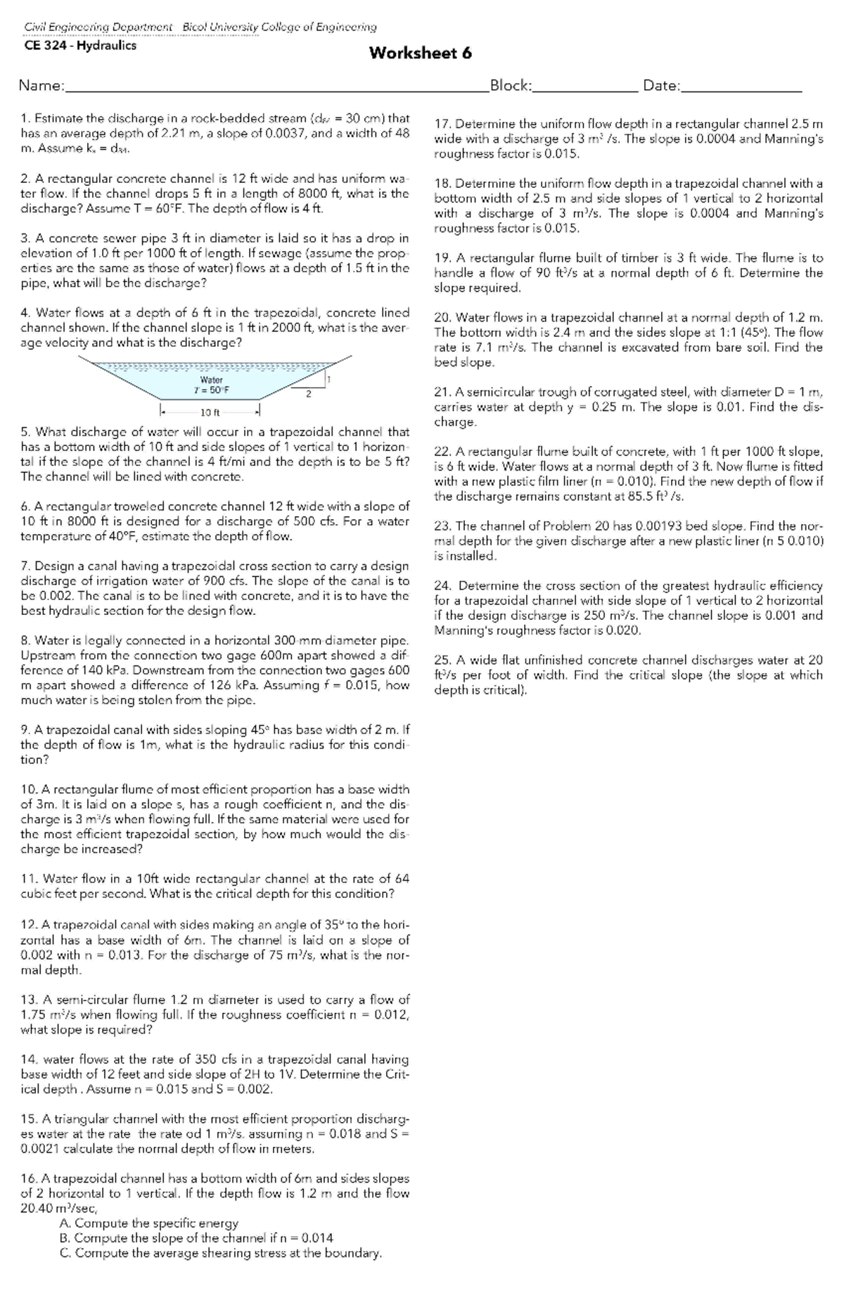 CE 324 - Hydraulics Worksheet 6: Discharge Calculations and Design ...