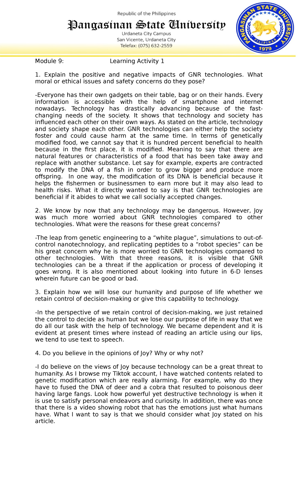 STS Learning Activity 1: Impacts of GNR Technologies in Module 9 - Studocu