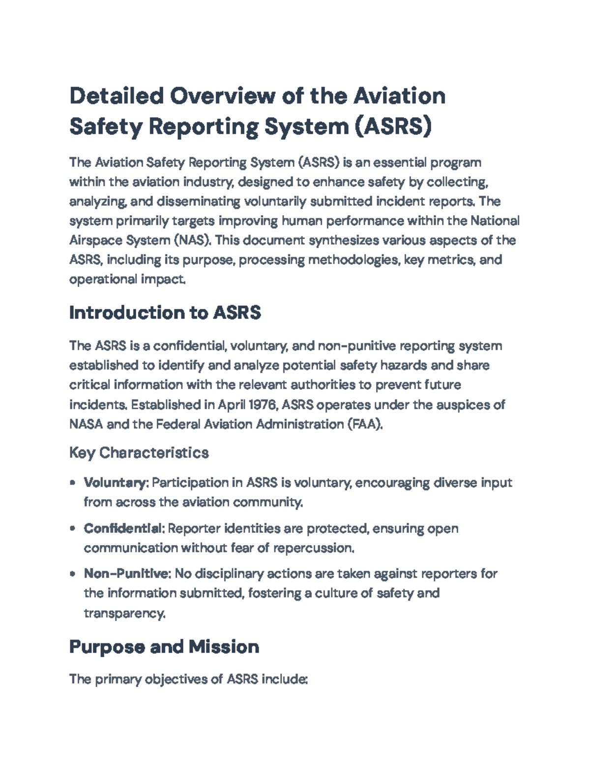 Aviation Safety Reporting System (ASRS) Overview and Analysis ...