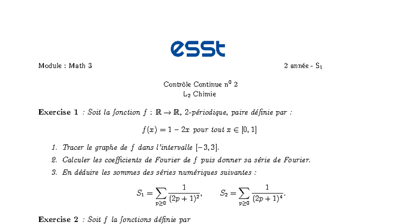ESST CC2 L2 Chimie - Math 3 S1 Exercise on Fourier Series - Studocu