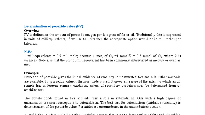 Determination of Peroxide Value (PV) in Oils and Fats - Studocu