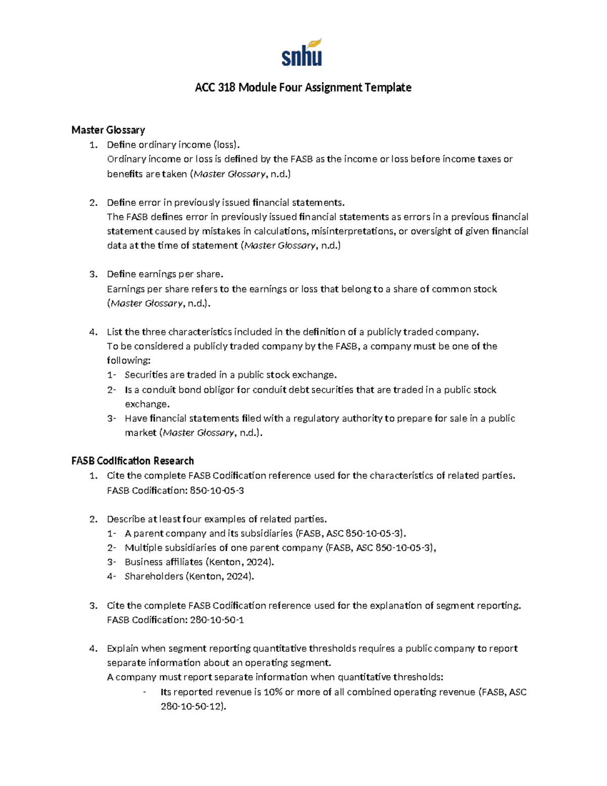 ACC 318 Module Four Assignment: Key Terms and Definitions in FASB - Studocu
