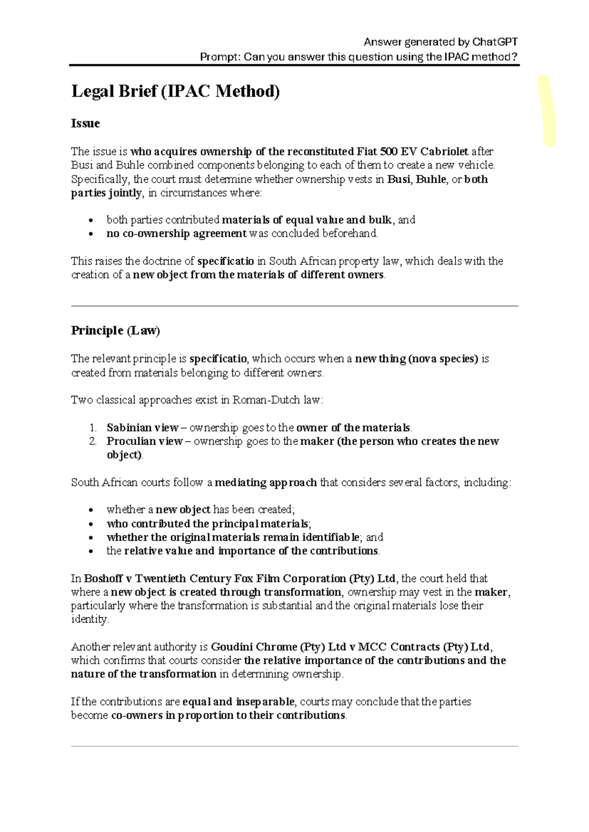 Legal Brief on Ownership of Reconstituted Fiat 500 EV Cabriolet (IPAC ...