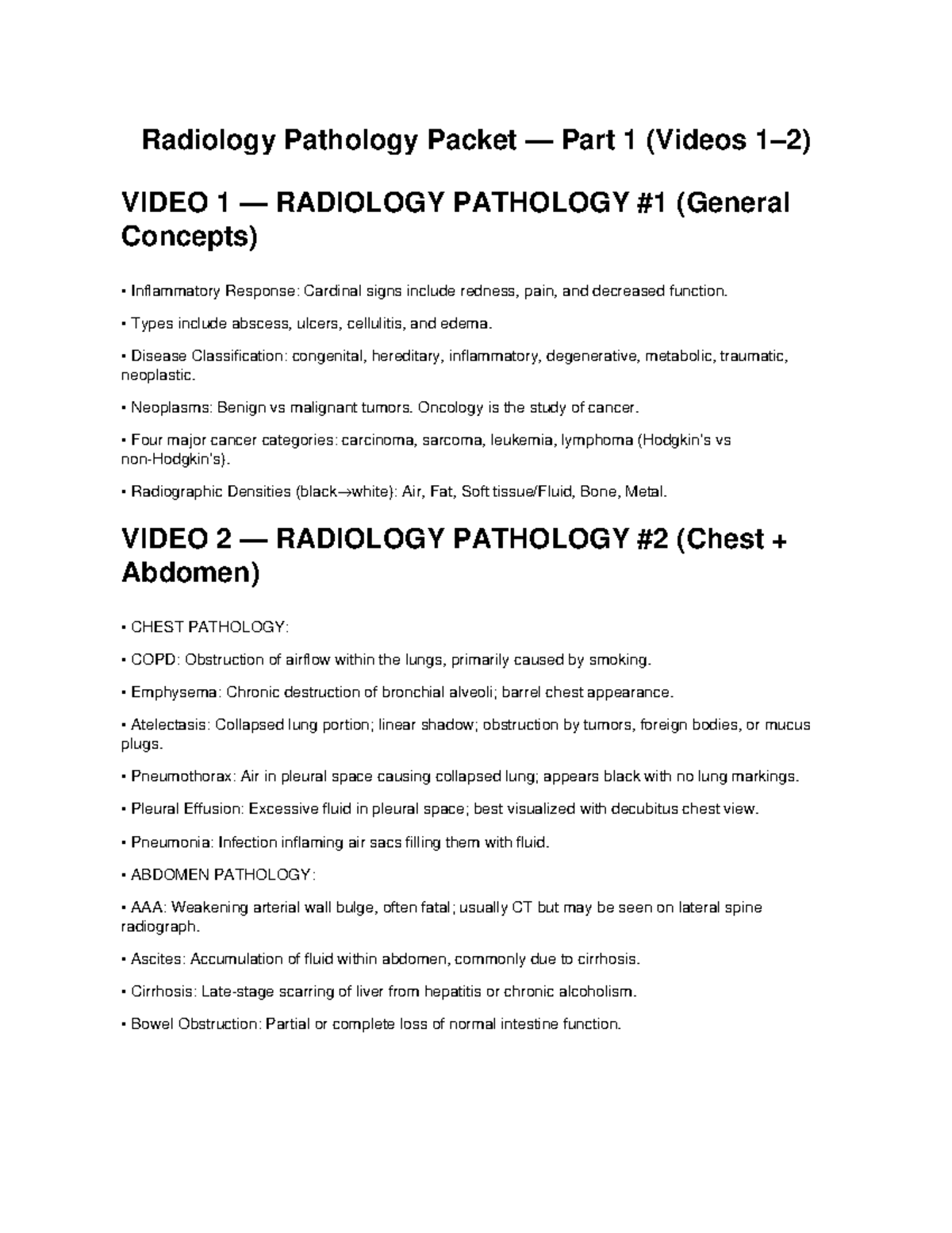 Radiology Pathology Packet Part 1: Key Concepts & Conditions - Studocu