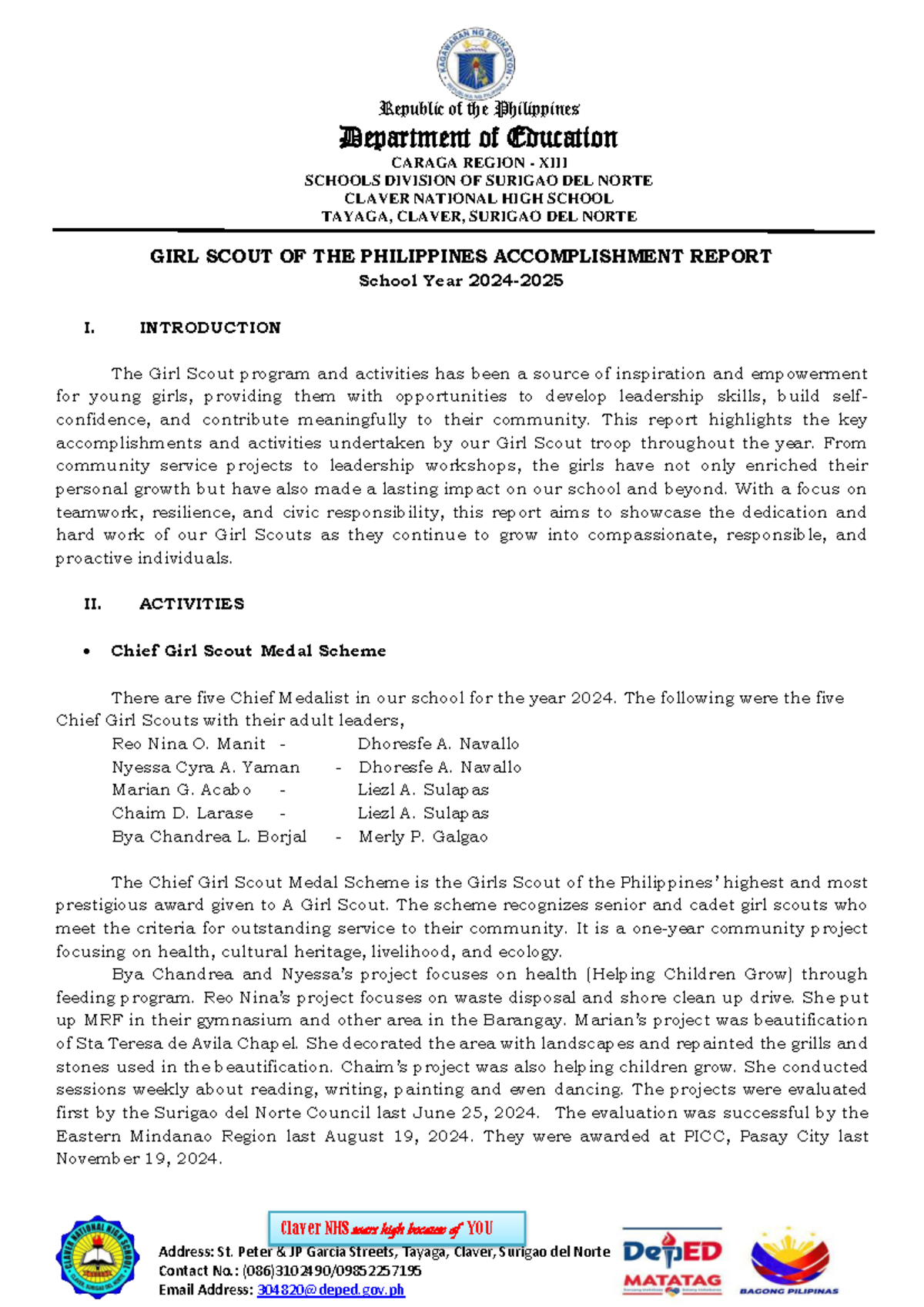 GSP Claver NHS Accomplishment Report SY 2024-2025 - Studocu