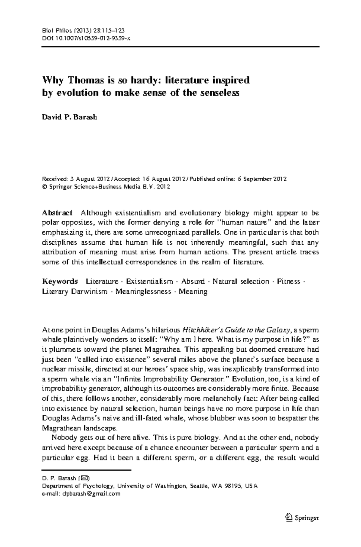 Barash 2013 - Exploring Meaning in Literature and Evolutionary Biology ...
