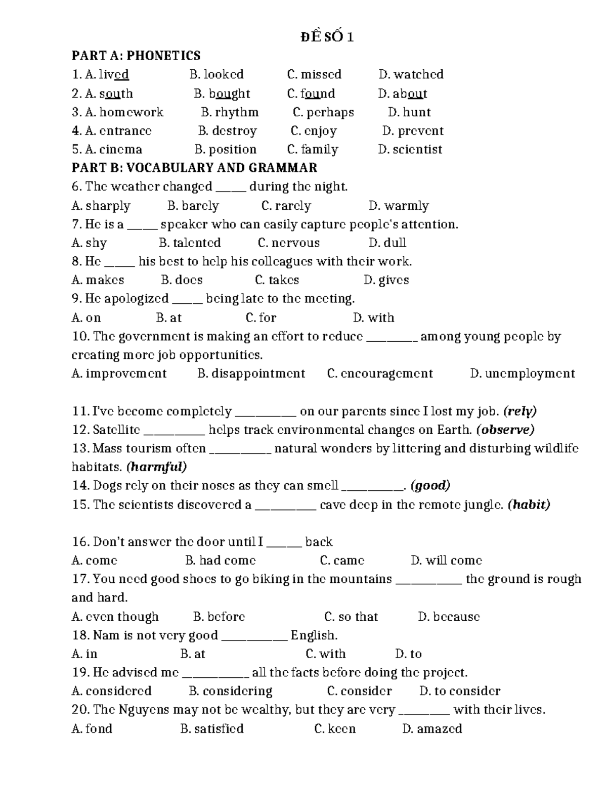 ĐỀ SỐ 1 PHẦN A: PHONETICS, VOCABULARY & GRAMMAR - ÔN TẬP - Studocu