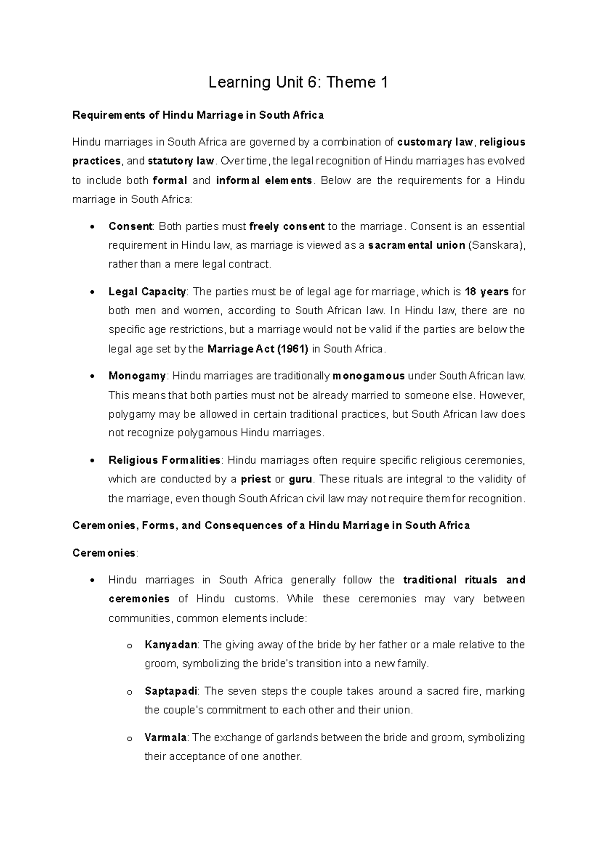 Hindu Marriage Requirements and Ceremonies in South Africa - Unit 6 - Studocu
