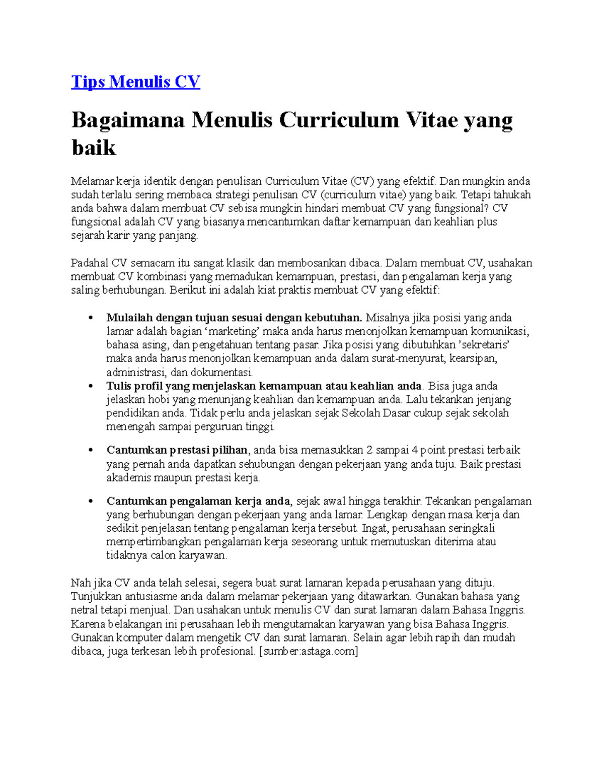 Tips Menulis CV - Tips Menulis CV Bagaimana Menulis Curriculum Vitae ...