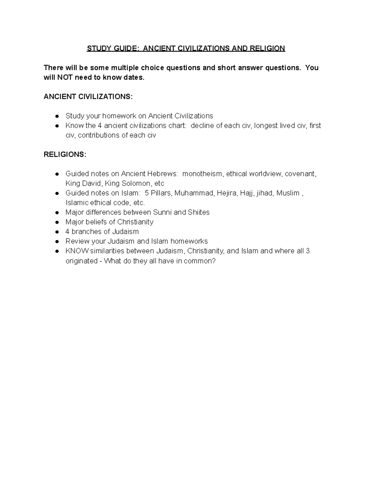 Study Guide: Ancient Civilizations & Religions (Exam Review) - Studocu