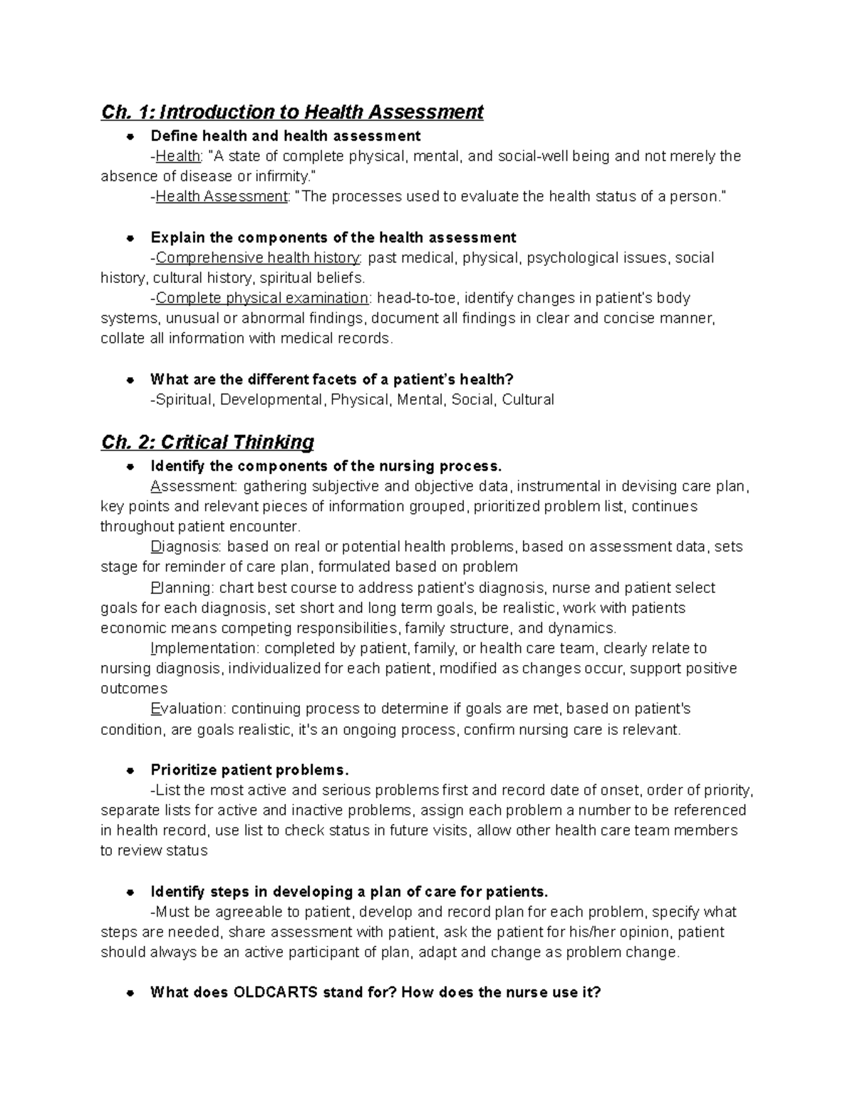 Health Assessment Exam 1 Overview and Key Concepts Review - Studocu