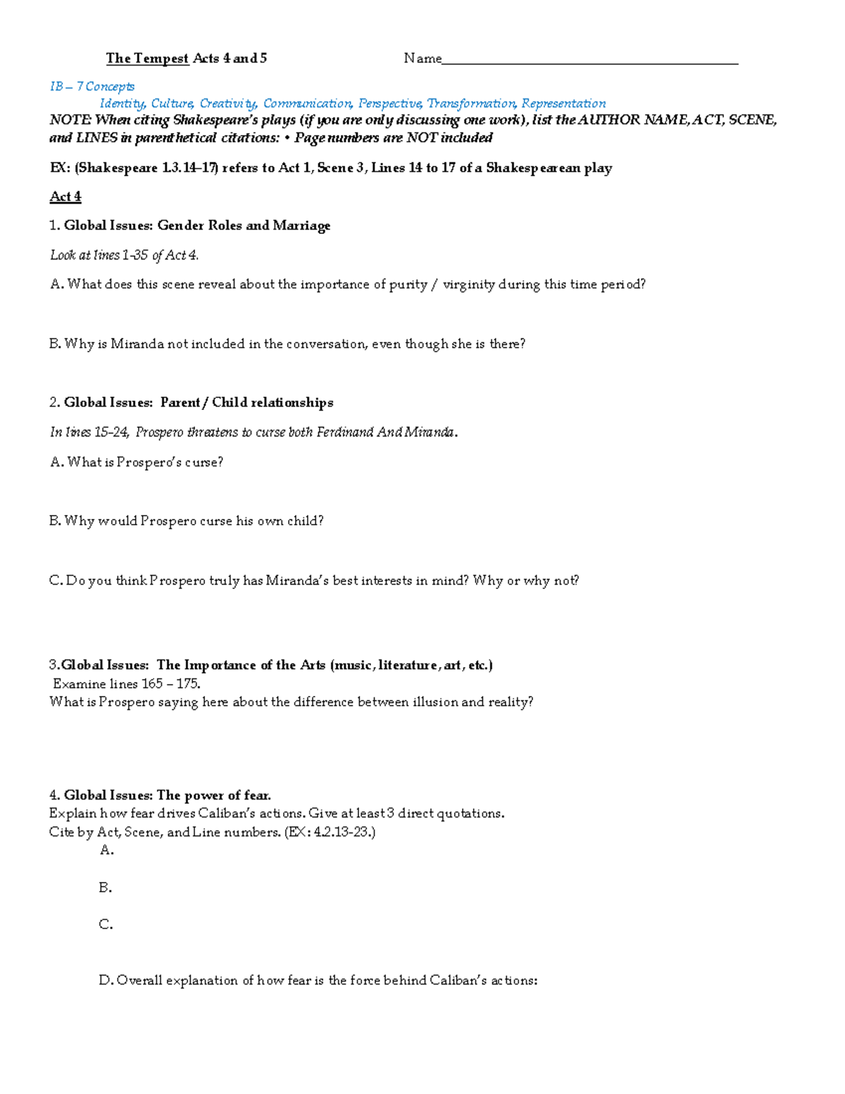 The Tempest Acts 4 & 5 Discussion Questions - IB Level Insights - Studocu