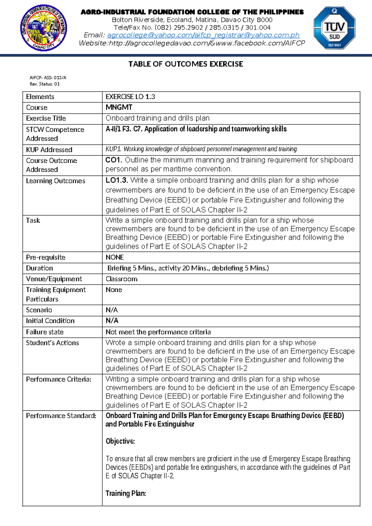 MNGMT - Onboard EEBD & Fire Extinguisher Training Plan and Drills - Studocu
