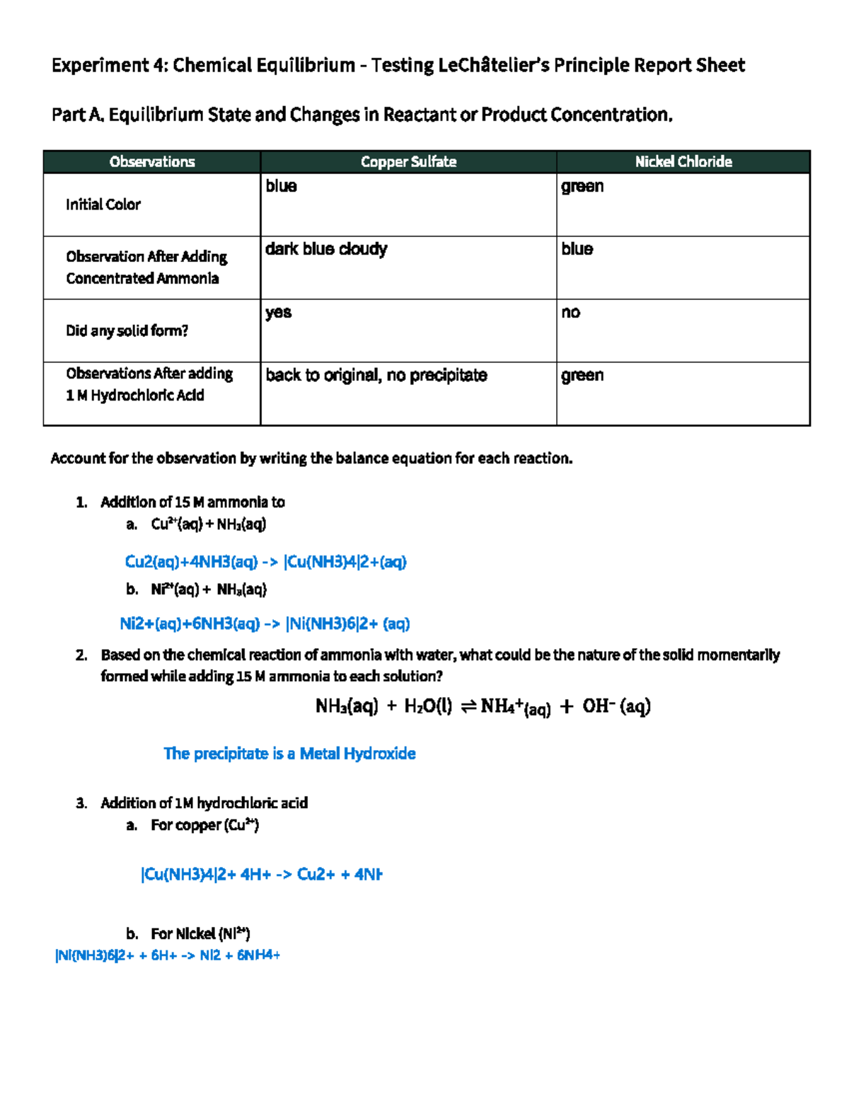 Exp4: Chemical Equilibrium Observations & Reactions Report - Studocu