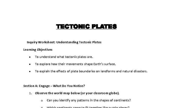 TECTONIC PLATES Inquiry Worksheet: Understanding Plate Movements - Studocu