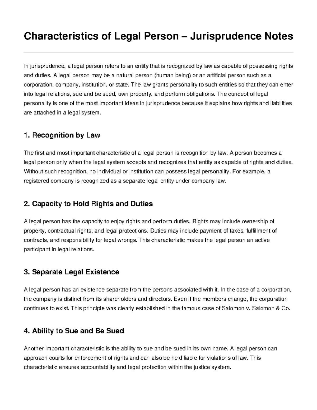 Legal Person Jurisprudence Notes: Key Characteristics Explained - Studocu