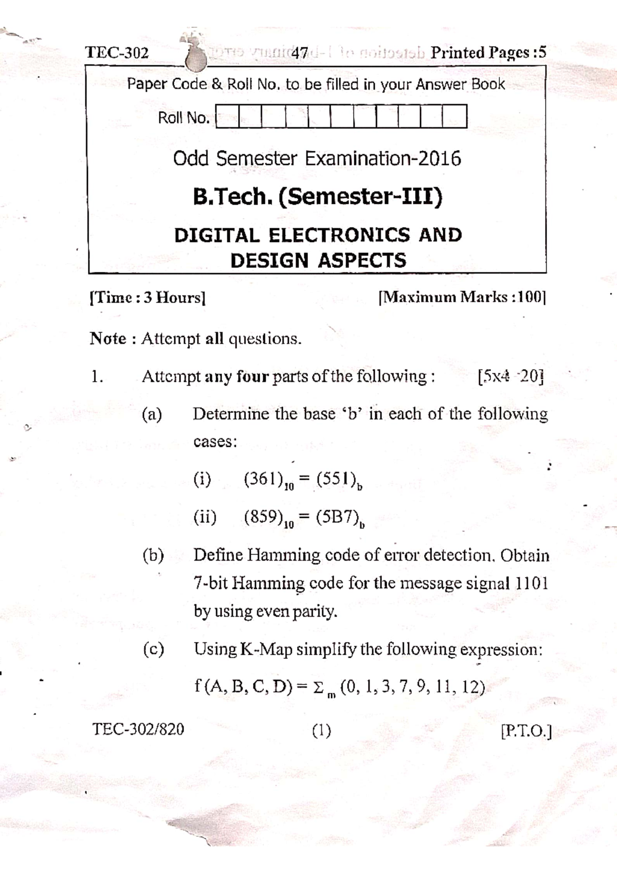 Digital electronic - pyq - 47 poliosisb Printed Pages :5 Paper Code Roll No. to be filled in ...