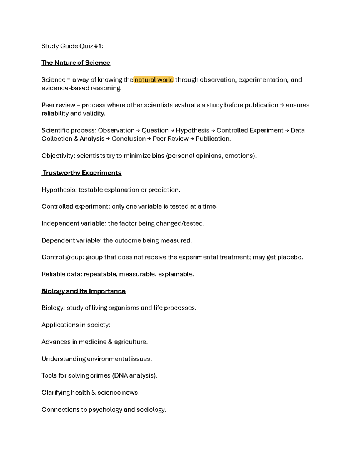 Biology Study Guide Quiz #1: The Nature of Science & Key Concepts - Studocu