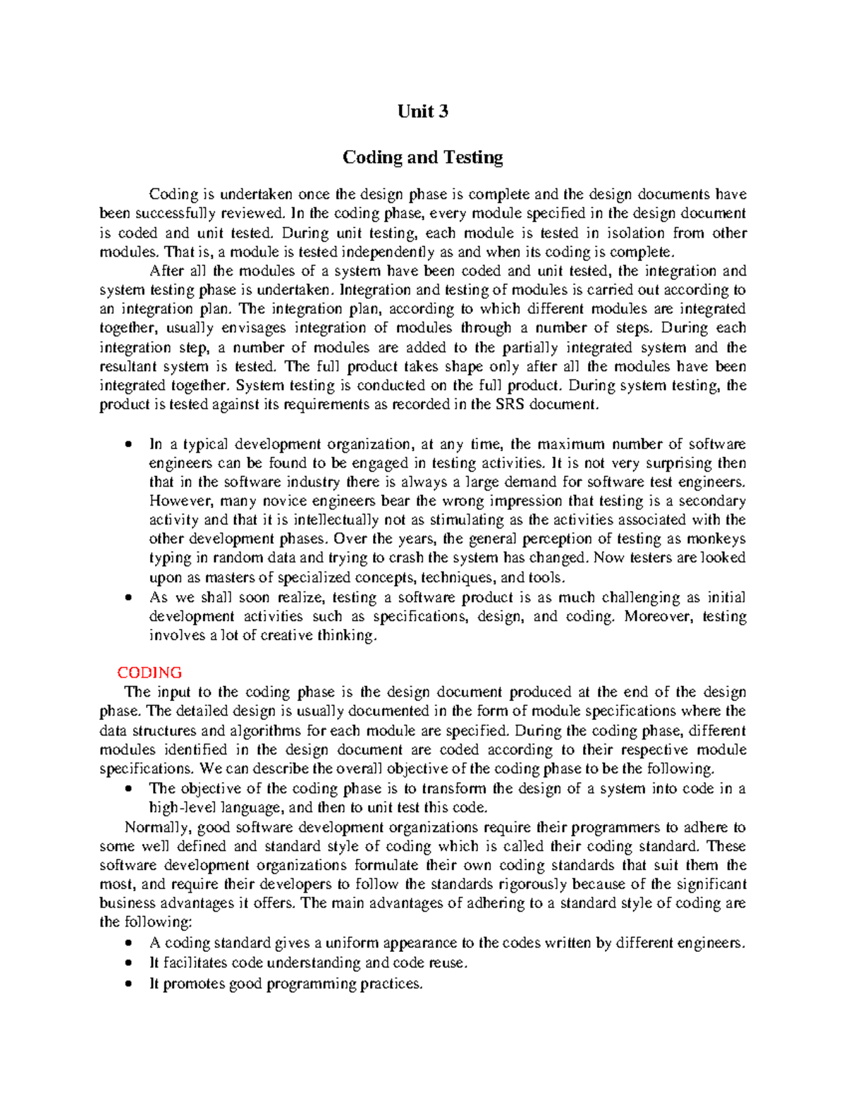 Unit 3 - Software Engineering: Coding, Testing, and Standards - Studocu