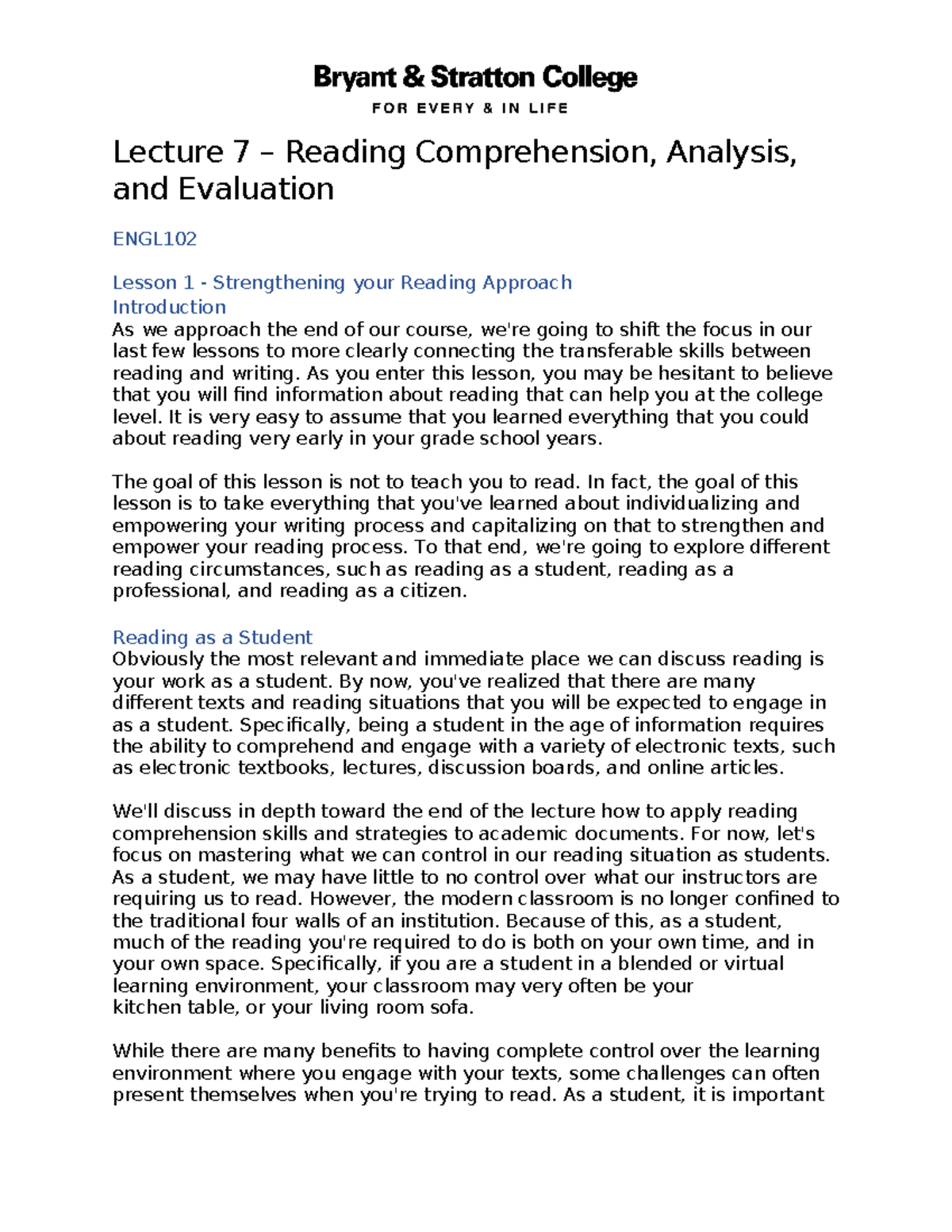 ENGL102 Lecture 7: Enhancing Reading Comprehension & Analysis Skills ...