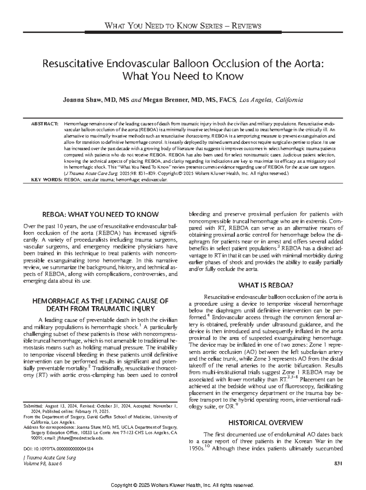 REBOA: Resuscitative Endovascular Balloon Occlusion of the Aorta ...