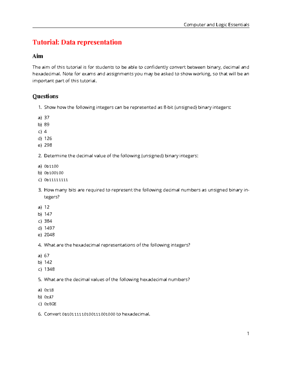 COSH100 Tutorial 02: Data Representation in Computer Logic - Studocu