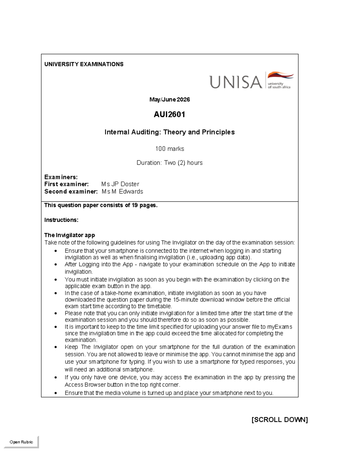 AUI2601 Final Exam Instructions - Internal Auditing - Studocu