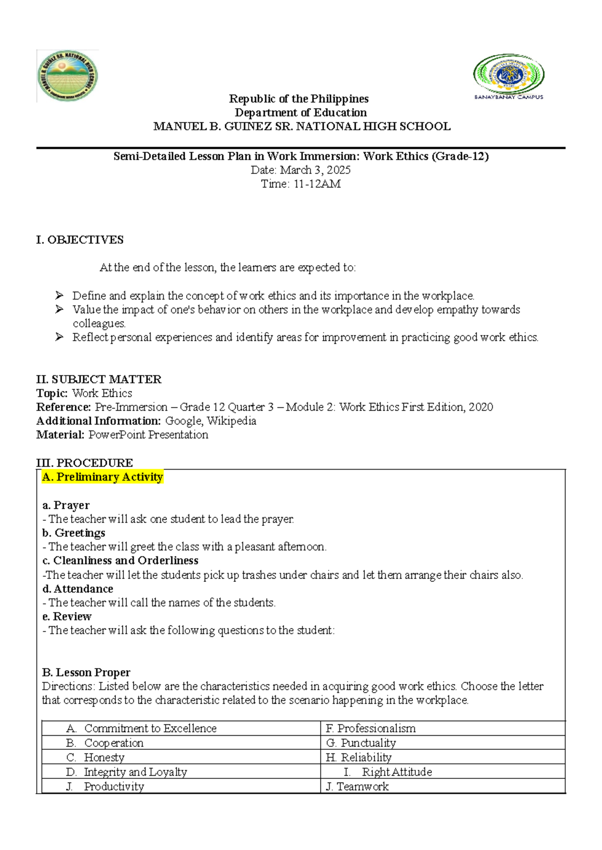 Work Immersion Ethics Lesson Plan (Grade 12, Q3) - March 2025 - Studocu