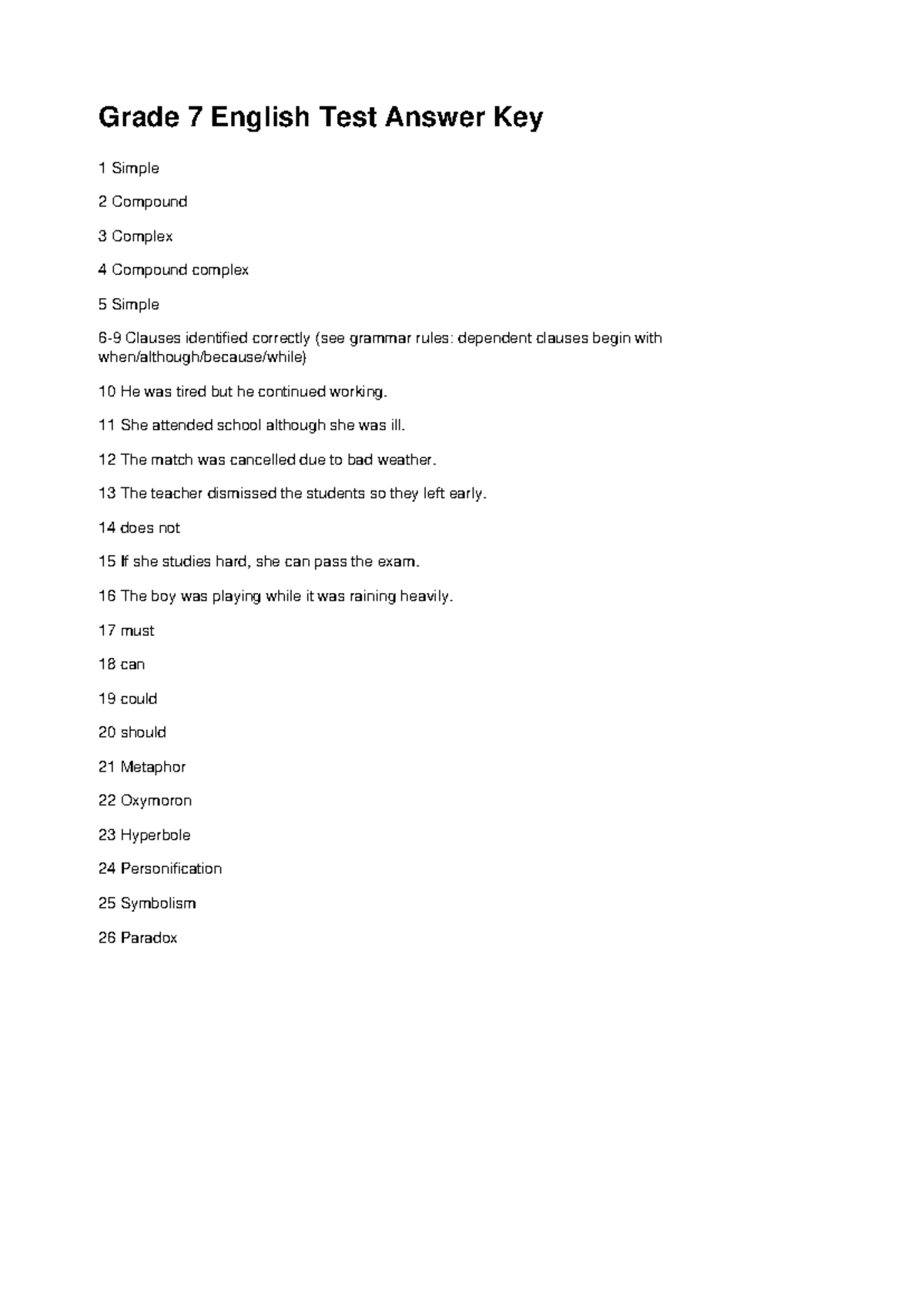 Grade 7 English Test Answer Key: Clauses & Figurative Language - Studocu