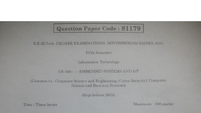 CS3691 Embedded System and IOT Nov Dec 2025 Question Paper - Question Paper Code: 81179 DEGREE ...