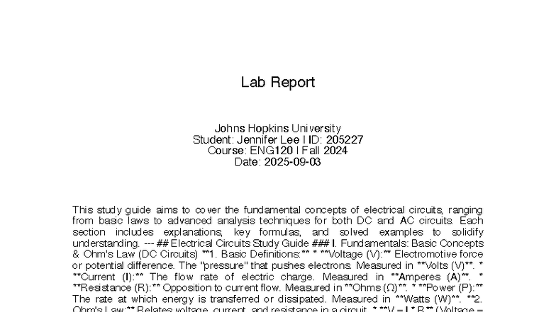 ENG120 Fall 2024: Electrical Circuits Study Guide and Lab Report - Studocu