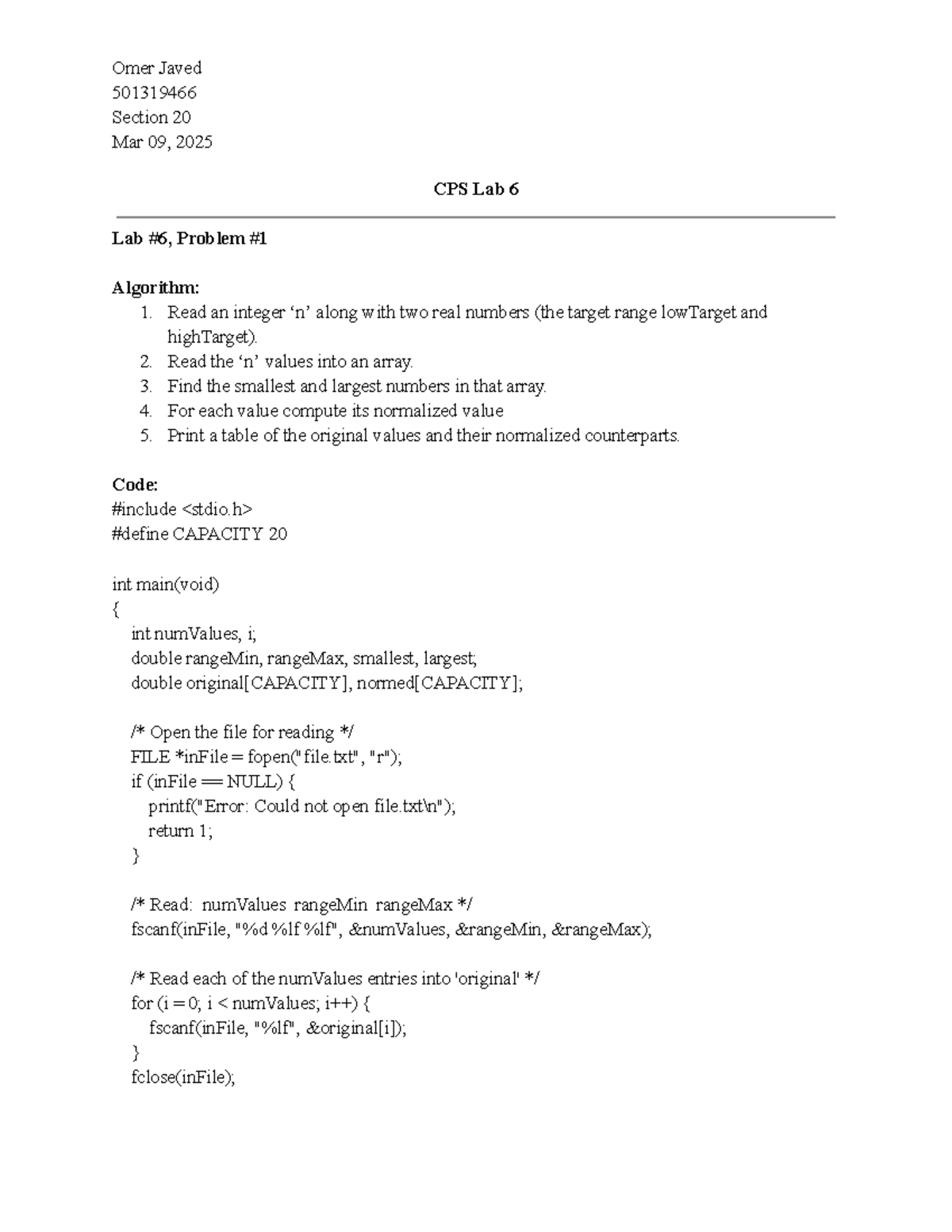 CPS Lab 6 - Algorithm for Normalizing Values and Sorting - Studocu