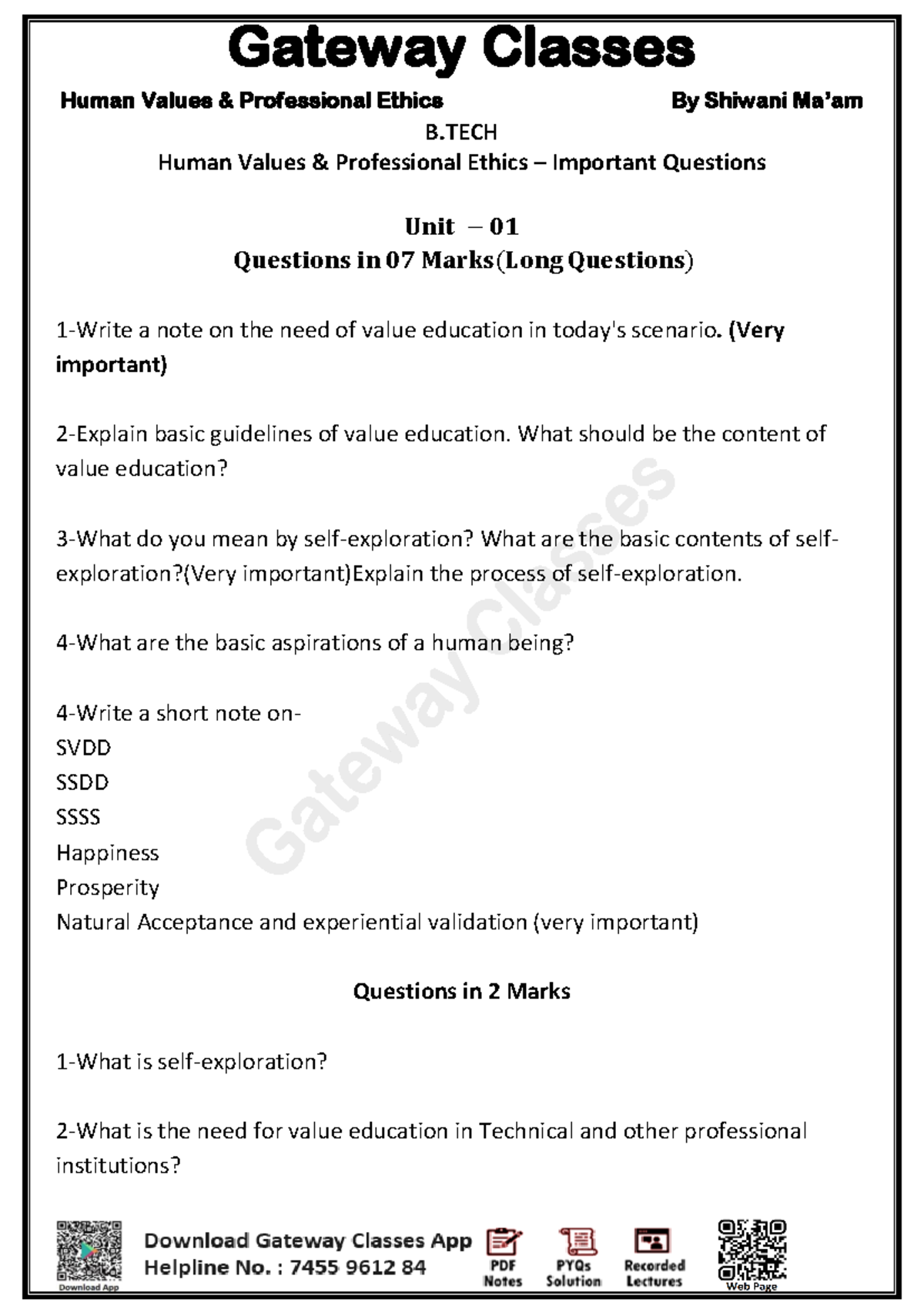 Gateway Classes Human Values & Professional Ethics: Important Questions ...