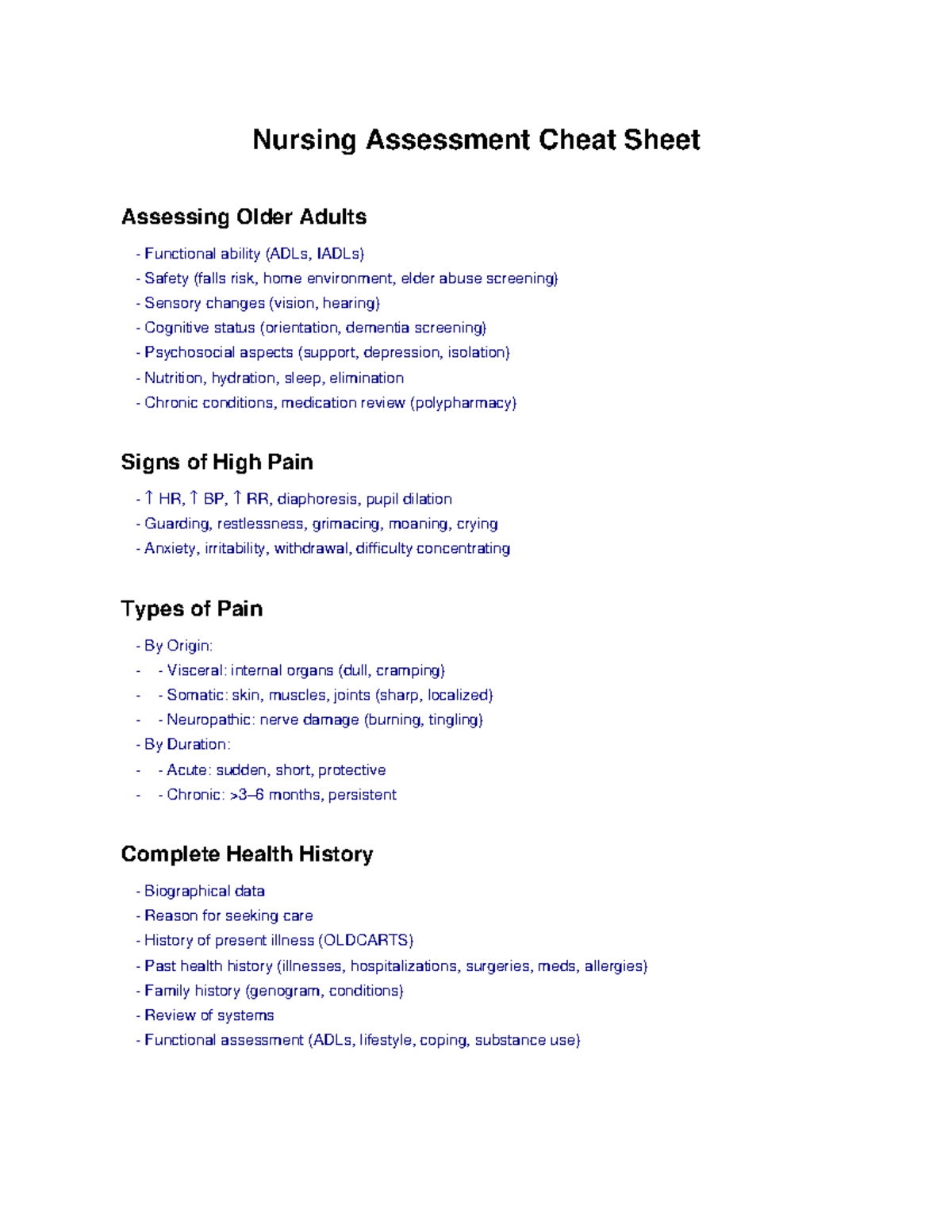 Nursing Assessment Cheat Sheet: Older Adults' Functional & Safety ...