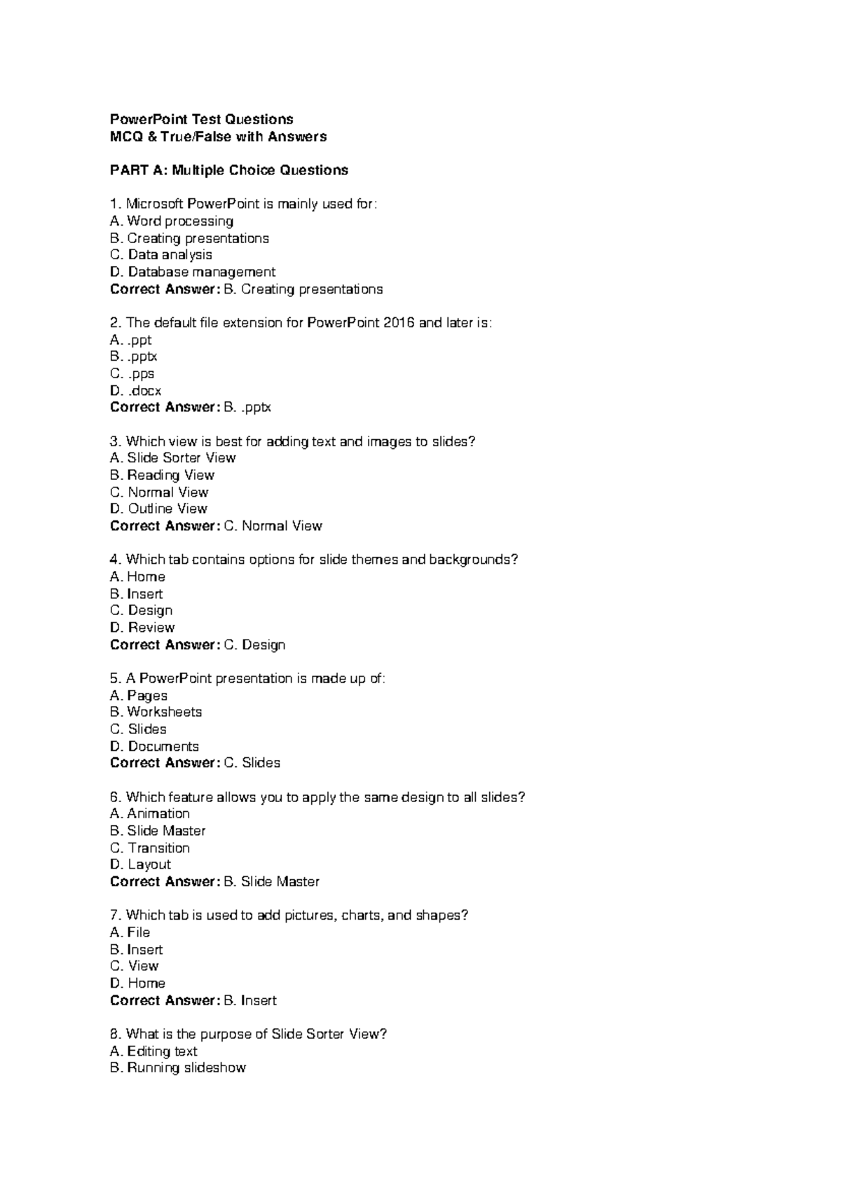PowerPoint MCQ Test Questions with Answers (Part A) - Studocu