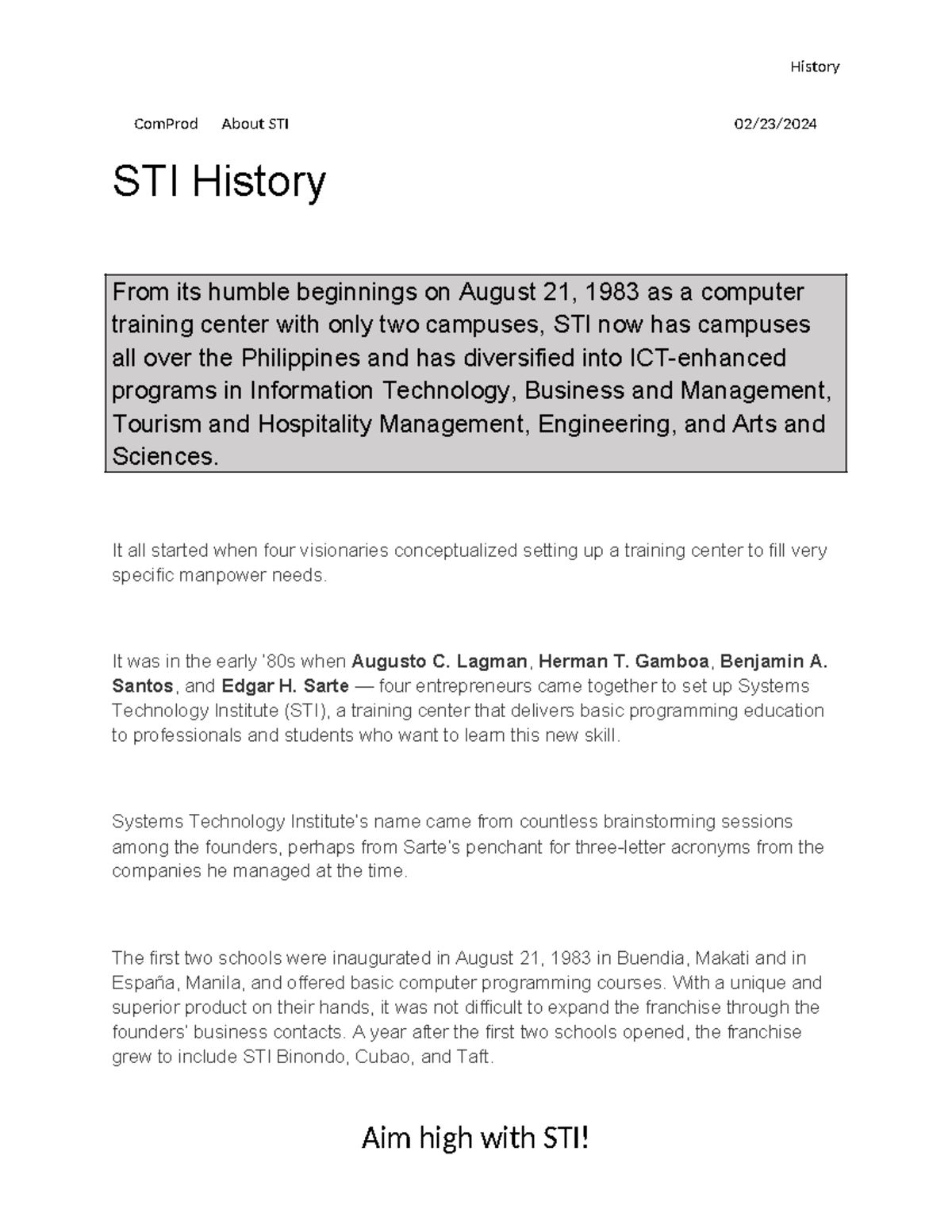 Laboratory Exercise 1: Overview of STI's History and Growth - Studocu