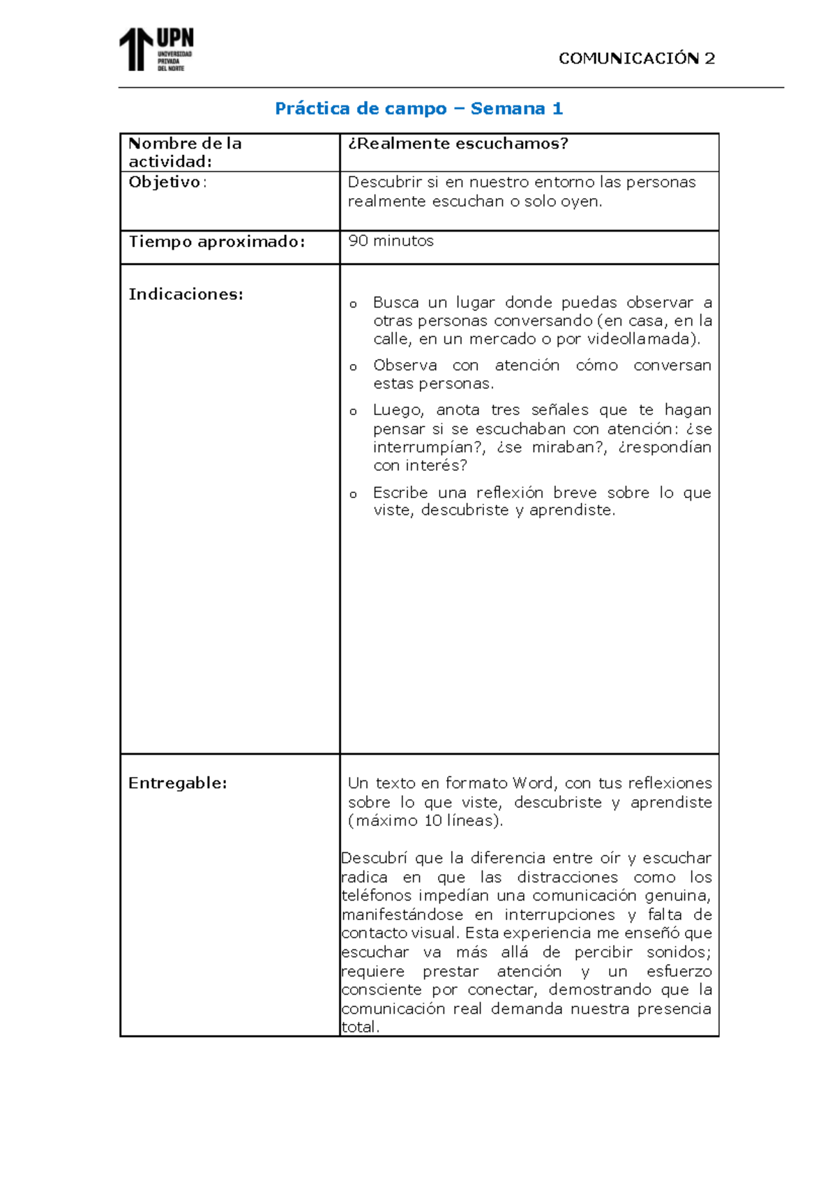 COMUNICACIÓN 2 Práctica de Campo Semana 1: Escuchar vs Oír - Studocu