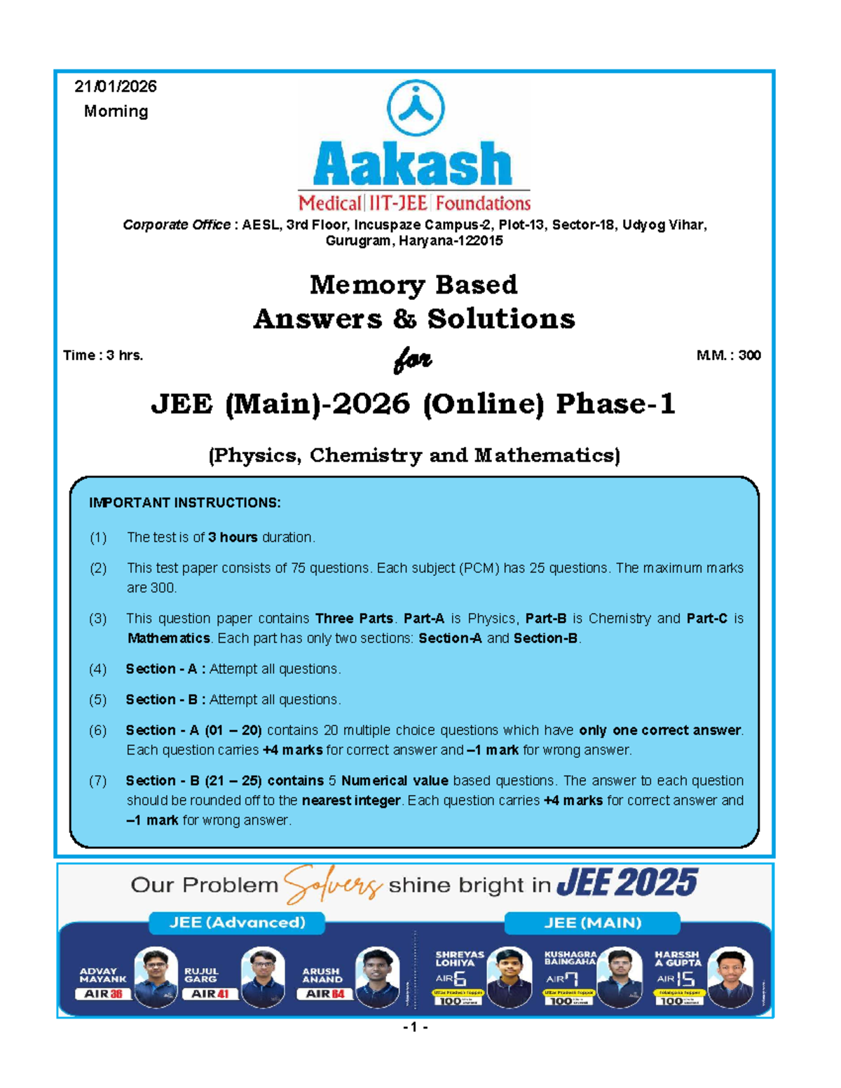 JEE (Main) 2026 Phase 1: Comprehensive Answers & Solutions - Studocu