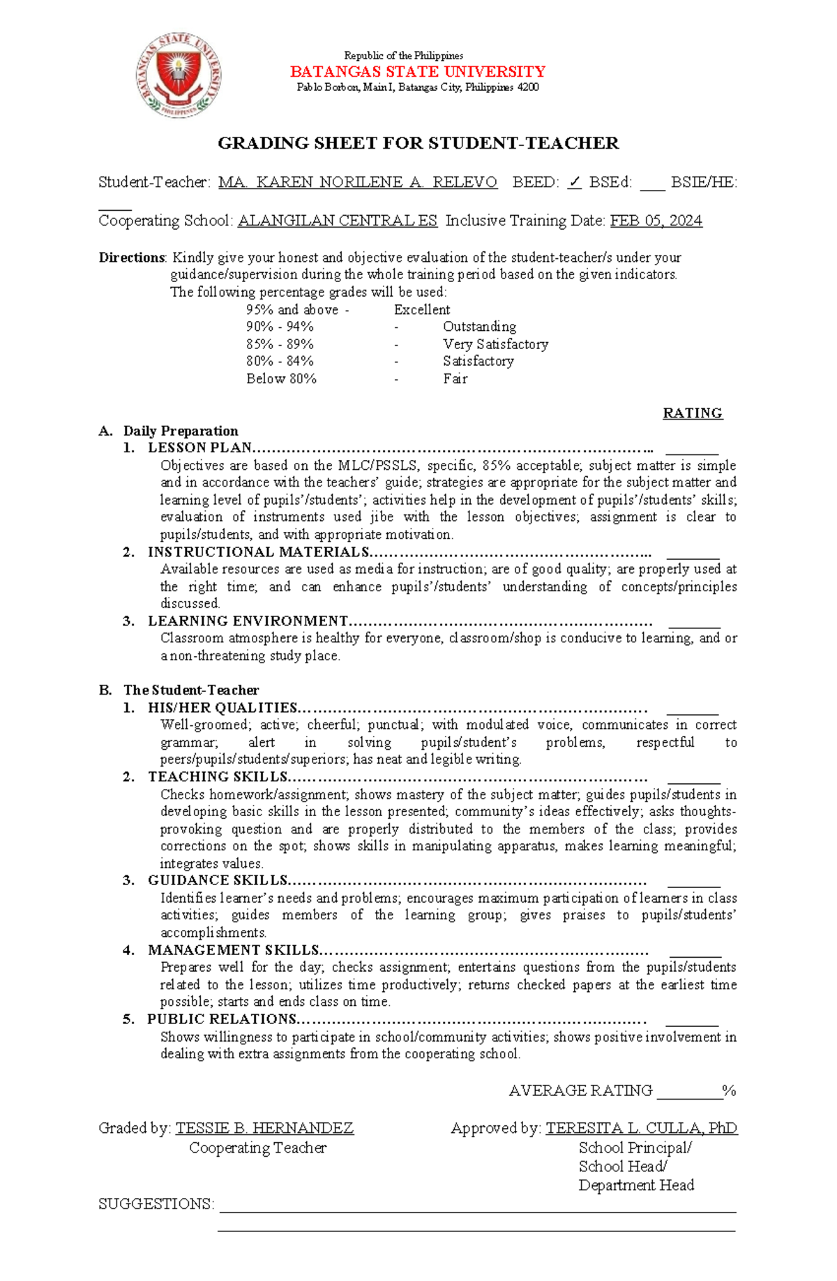 Grading Sheet for Student Teacher (BEED, BSEd) - Alangilan Central ES - Studocu