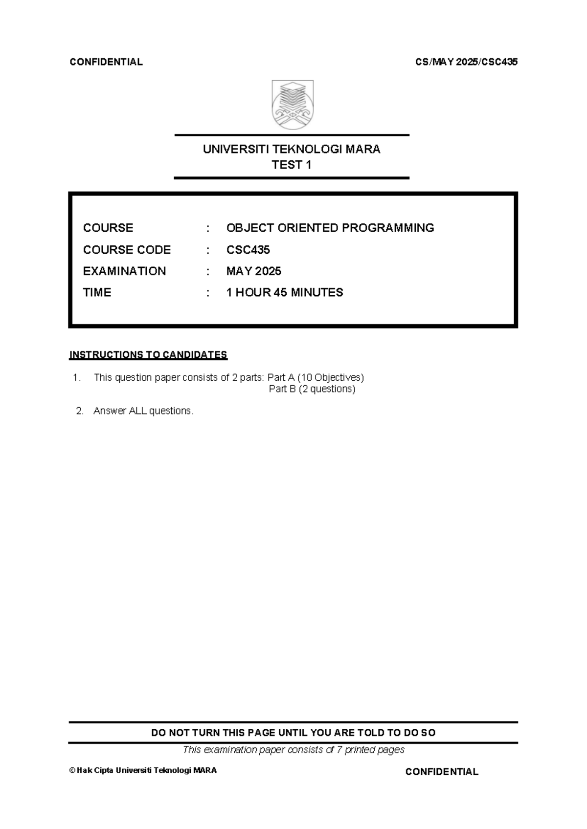 CSC435 Test 1: Object Oriented Programming Examination May 2025 - Studocu
