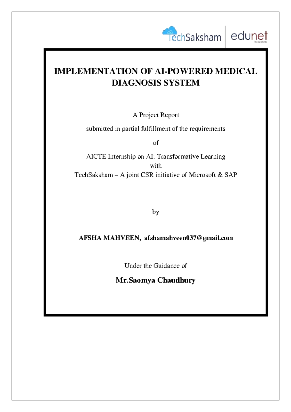 AICTE Project Report: Implementation of Medical Diagnosis System - Studocu