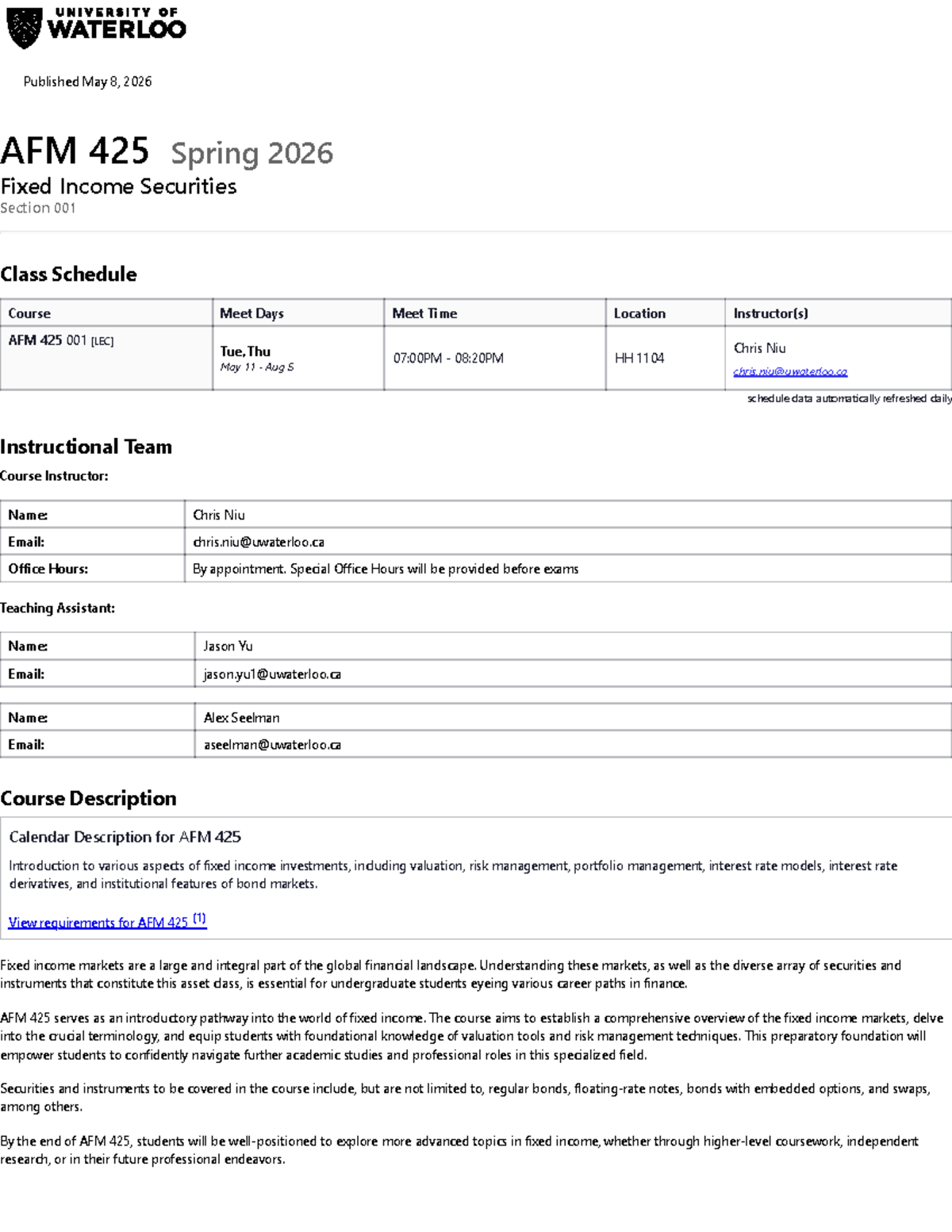 AFM 425 Spring 2026 Fixed Income Securities Class Schedule - Studocu