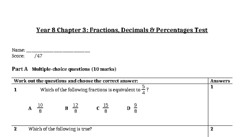 Year 8 Fractions, Decimals, Percentages Test (Standard) - Studocu