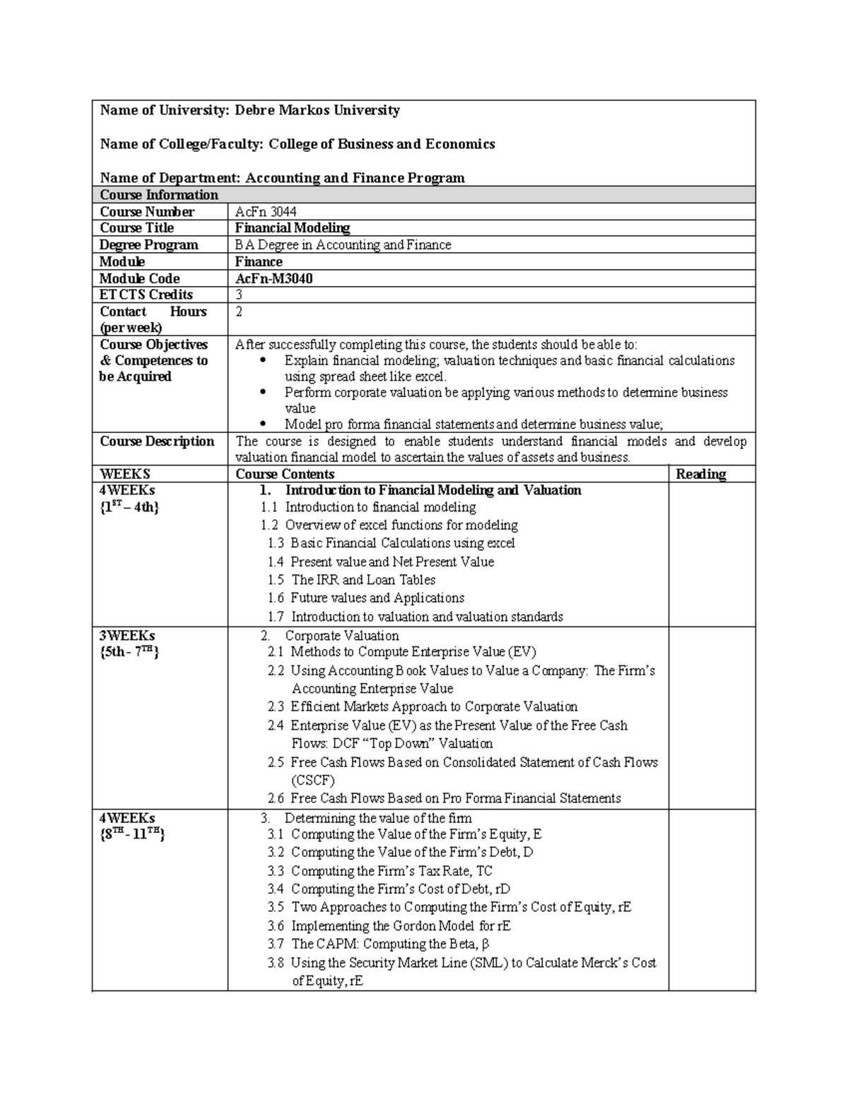 AcFn 3044 Financial Modeling Course Outline and Objectives - Studocu