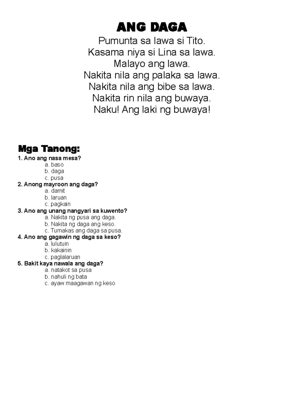 ANG DAGA AT SI MILA: Kuwento at Mga Tanong sa Bawat Saknong - Studocu