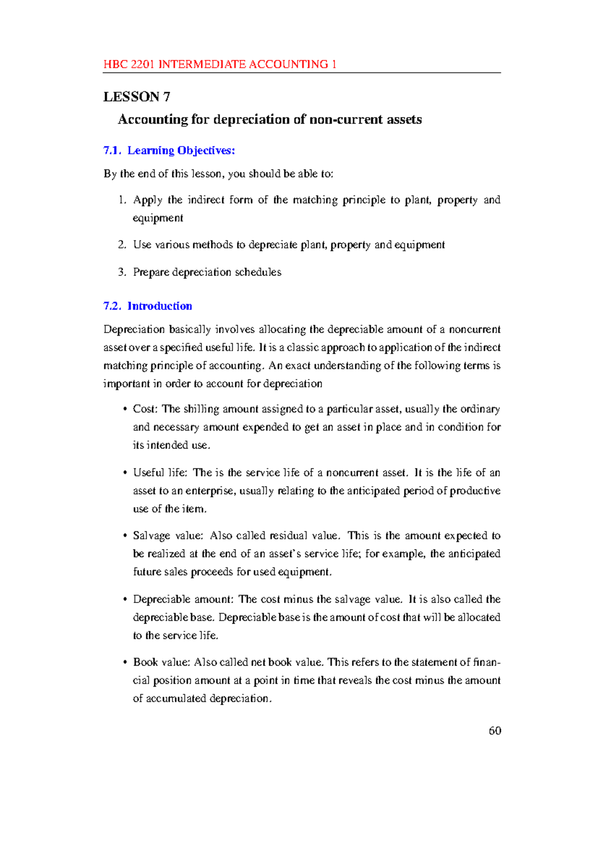HBC 2201 INTERMEDIATE ACCOUNTING 1 LESSON 7 Depreciation Methods ...