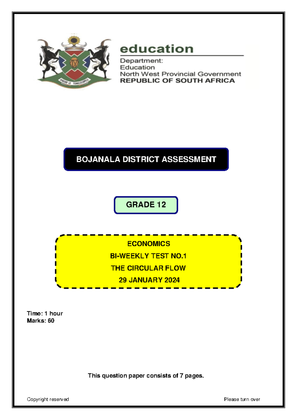 Grade 12 Economics Bi-Weekly Test: Circular Flow Model - Jan 2024 - Studocu