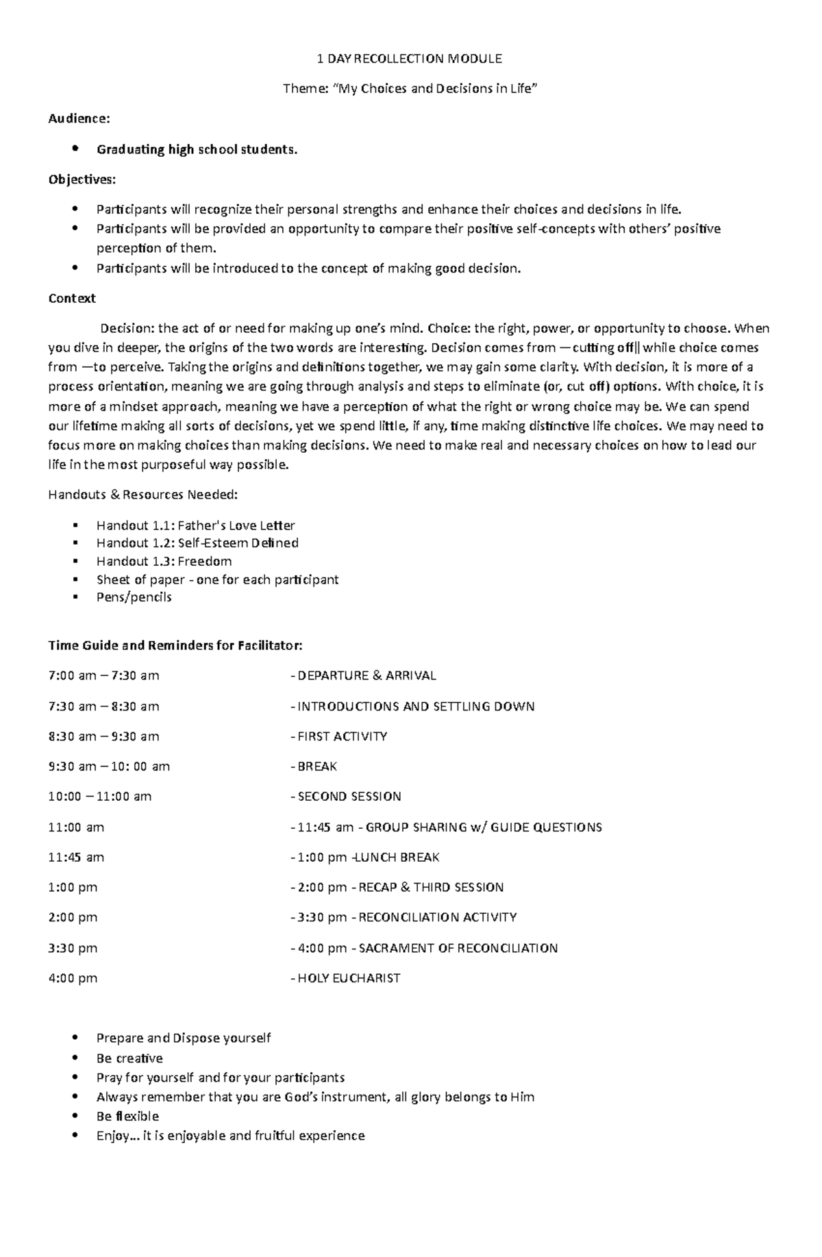 1 DAY Recollection Module - 1 DAY RECOLLECTION MODULE Theme: “My ...