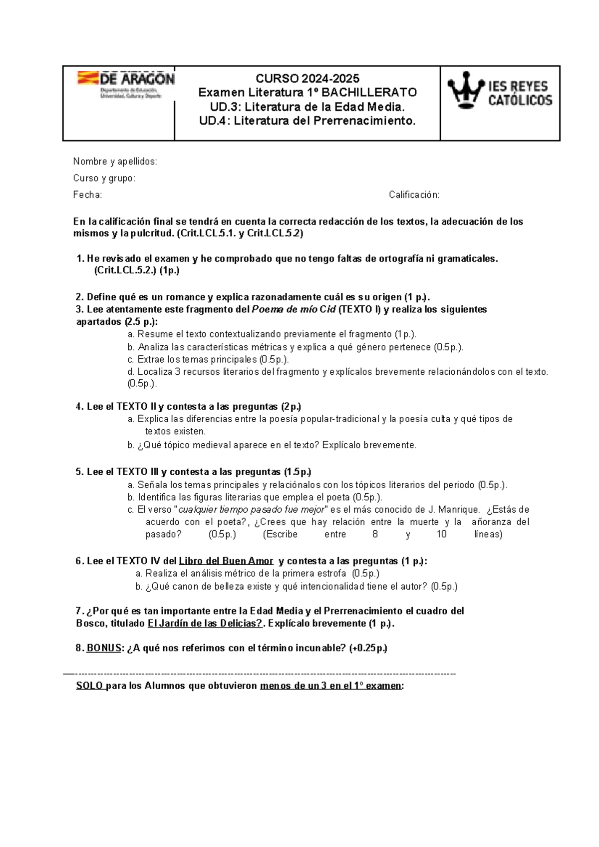 Examen Final UD 3 y UD 4 de Literatura 1º BACHILLERATO 2024 - Studocu