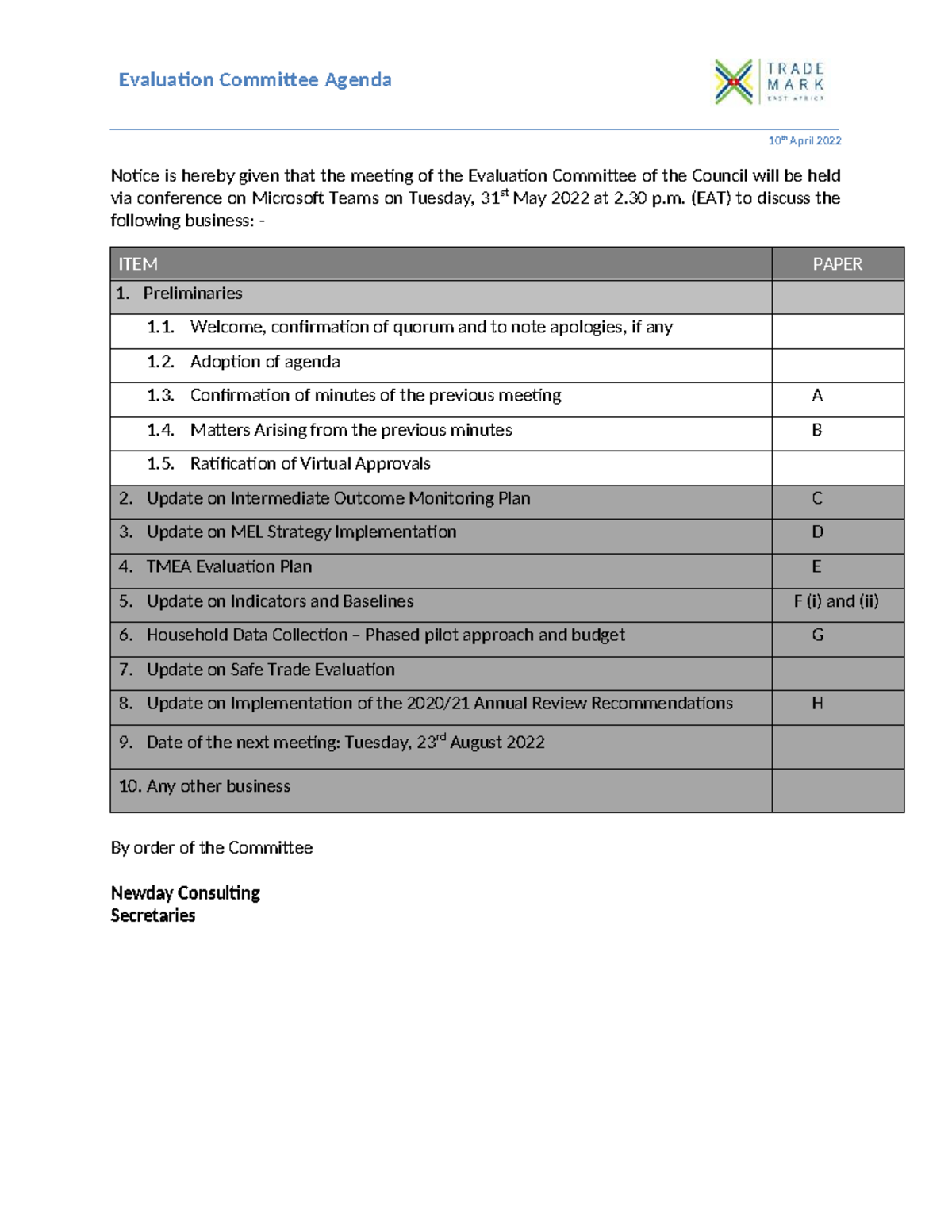 Evaluation Committee Agenda - 31st May 2022 Meeting - Studocu